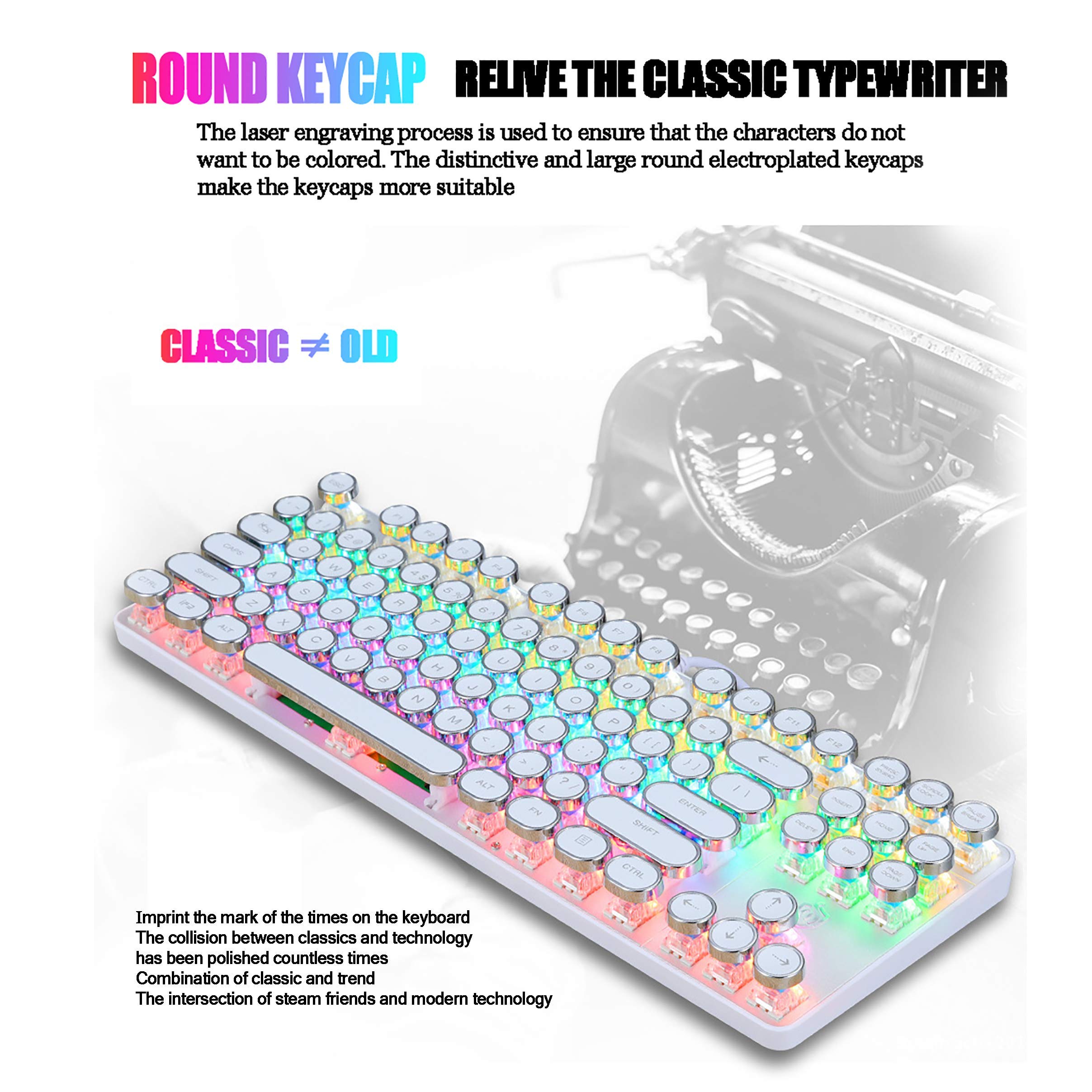 Type Writer Keyboard, Typewriter-Style Steampunk Mechanical Gaming Keyboards Blue Switch with 9 True RGB Backlight Modes and 87-Key Wired Keyboard with Spill-Resistant (Round Keycaps)