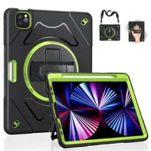 shuichemf case for ipad pro 11 inch, military grade shockproof protector silicone cover for ipad pro 11 inch case 4th generation 2020/2021/2022 - handle/shoulder strap/rotating kickstand