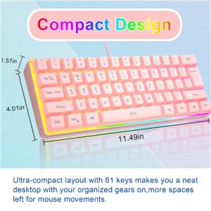 60% Wired Gaming Keyboard, RGB Backlit Ultra-Compact Mini Keyboard, Mechanical Feeling Membrane Mini Compact 61 Keys Keyboard for PC/Mac Gamer, Typist, Travel, Easy to Carry on Business Trip(Pink)