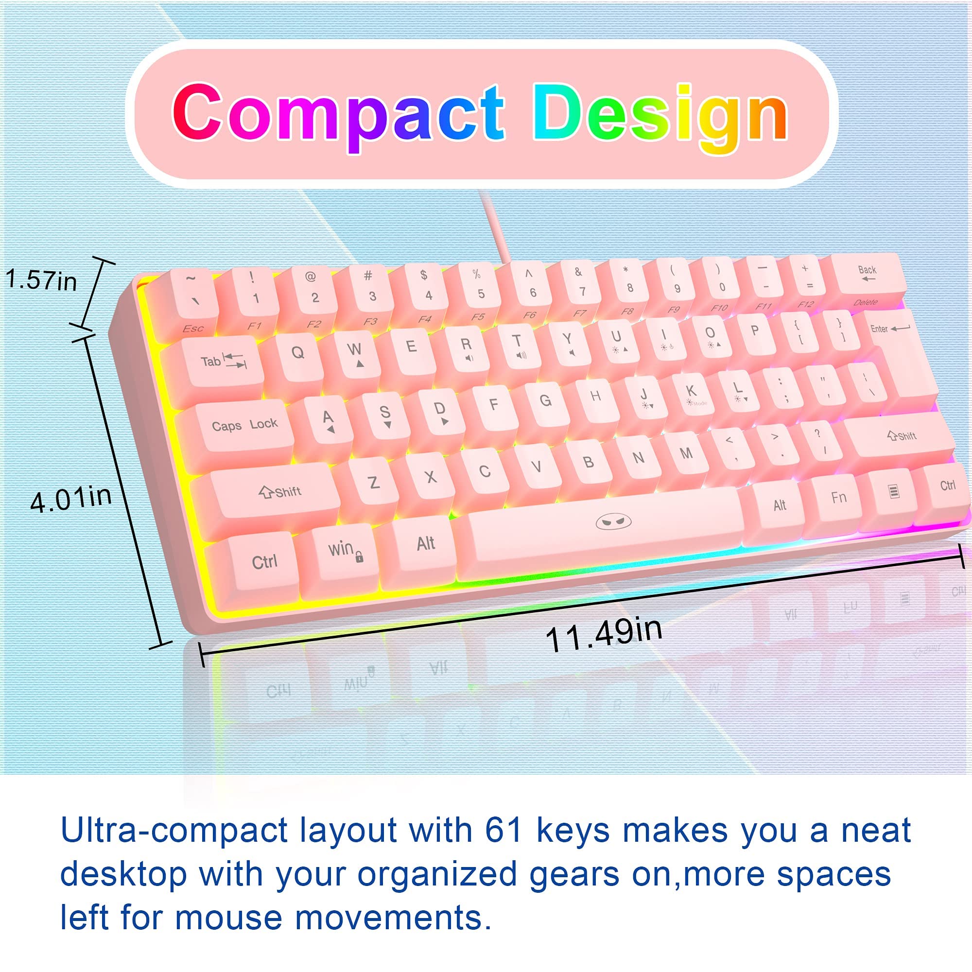 60% Wired Gaming Keyboard, RGB Backlit Ultra-Compact Mini Keyboard, Mechanical Feeling Membrane Mini Compact 61 Keys Keyboard for PC/Mac Gamer, Typist, Travel, Easy to Carry on Business Trip(Pink)