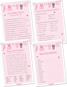 papery pop baby shower games for girl - set of 4 games for 30 guests - double sided cards - baby shower supplies