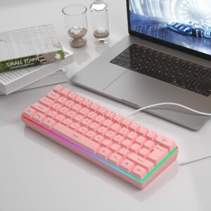 60% Wired Gaming Keyboard, RGB Backlit Ultra-Compact Mini Keyboard, Mechanical Feeling Membrane Mini Compact 61 Keys Keyboard for PC/Mac Gamer, Typist, Travel, Easy to Carry on Business Trip(Pink)