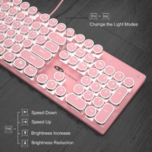 Typewriter Style Mechanical Gaming Keyboard, Pink Punk Gaming Keyboard with White Backlit, 104 Keys Blue Switch Wired Cute Keyboard, Round Keycaps for Windows/Mac/PC