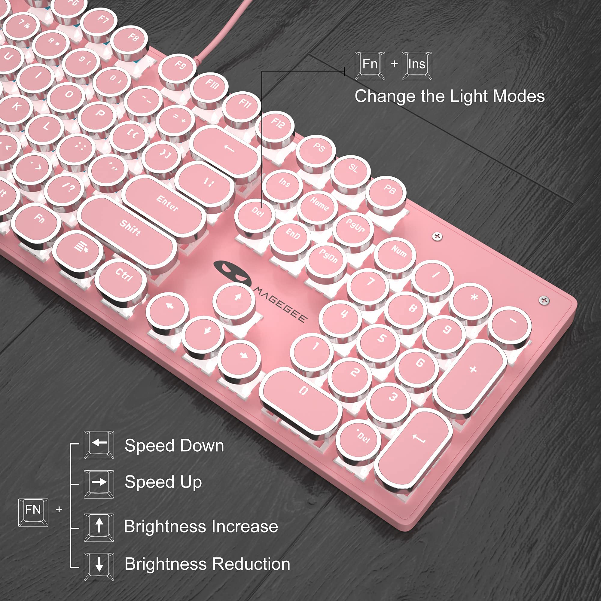 Typewriter Style Mechanical Gaming Keyboard, Pink Punk Gaming Keyboard with White Backlit, 104 Keys Blue Switch Wired Cute Keyboard, Round Keycaps for Windows/Mac/PC