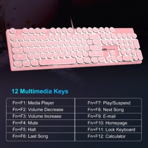 Typewriter Style Mechanical Gaming Keyboard, Pink Punk Gaming Keyboard with White Backlit, 104 Keys Blue Switch Wired Cute Keyboard, Round Keycaps for Windows/Mac/PC