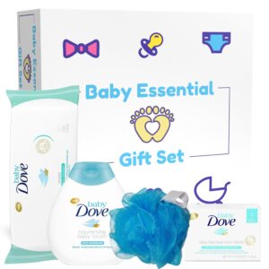 dove baby baby gift set with baby lotion, baby shampoo, baby bar soap and baby wipes with baby bath poof, daily care newborn baby essentials set, 4 piece gift set