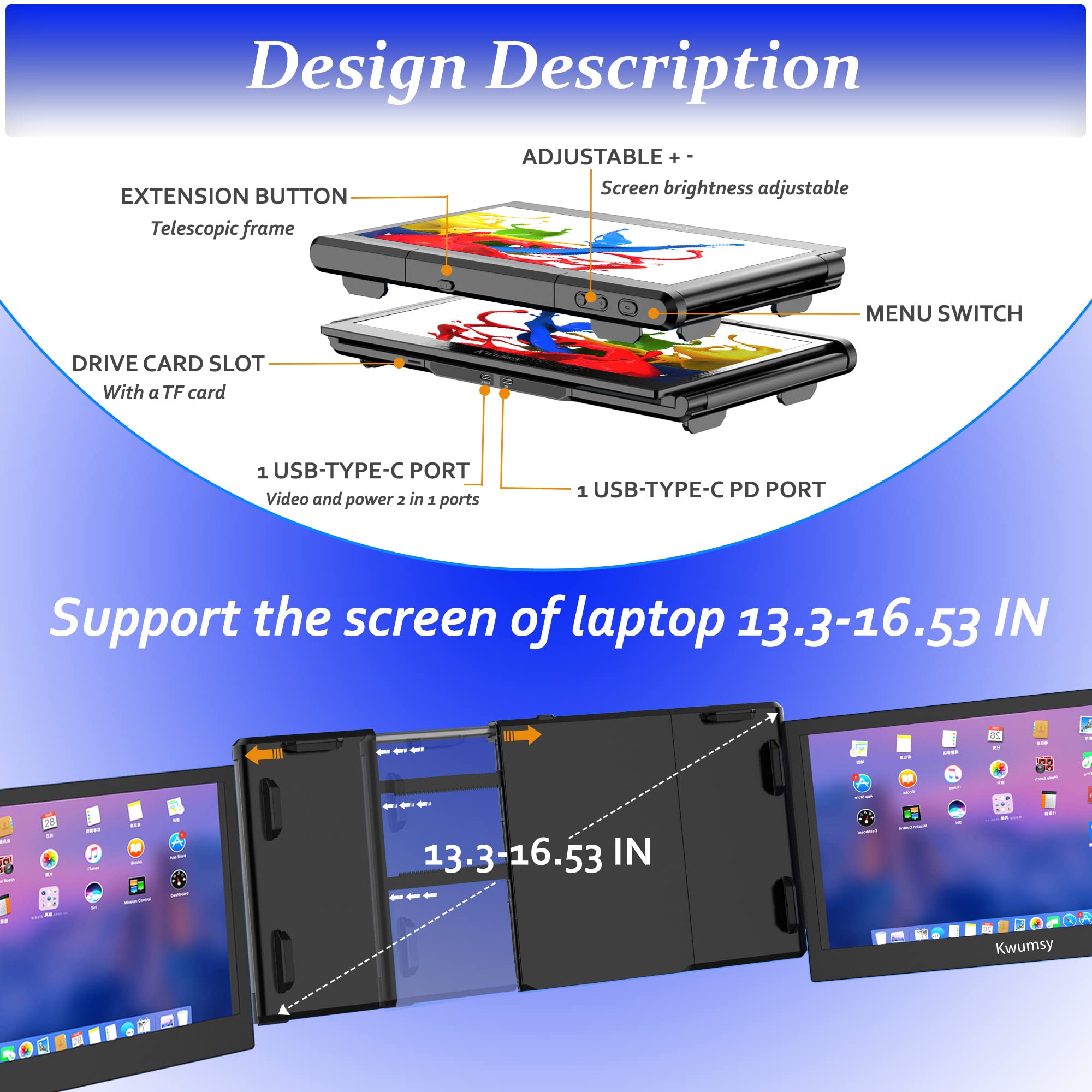 SMISEACOW Kwumsy P2 Pro Tri-Screen for Laptop with 13.5" Laptop Screen Extenders FHD 1080P IPS 270° Compatible with 13.3-16.5" Windows/MacBook(M1 & M2) Triple Portable Monitor for Laptop