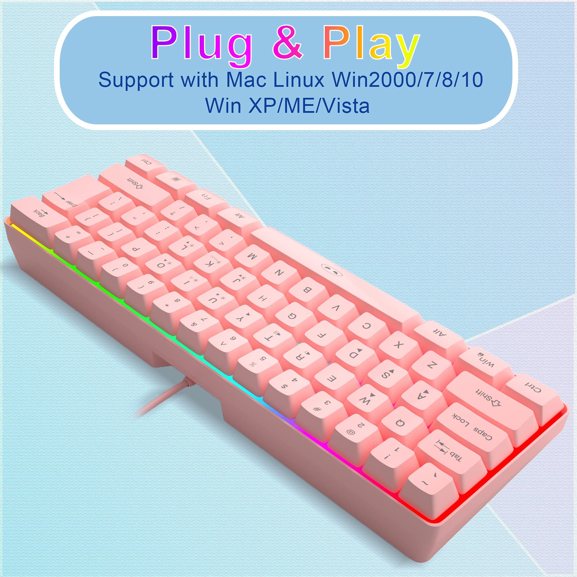 60% Wired Gaming Keyboard, RGB Backlit Ultra-Compact Mini Keyboard, Mechanical Feeling Membrane Mini Compact 61 Keys Keyboard for PC/Mac Gamer, Typist, Travel, Easy to Carry on Business Trip(Pink)