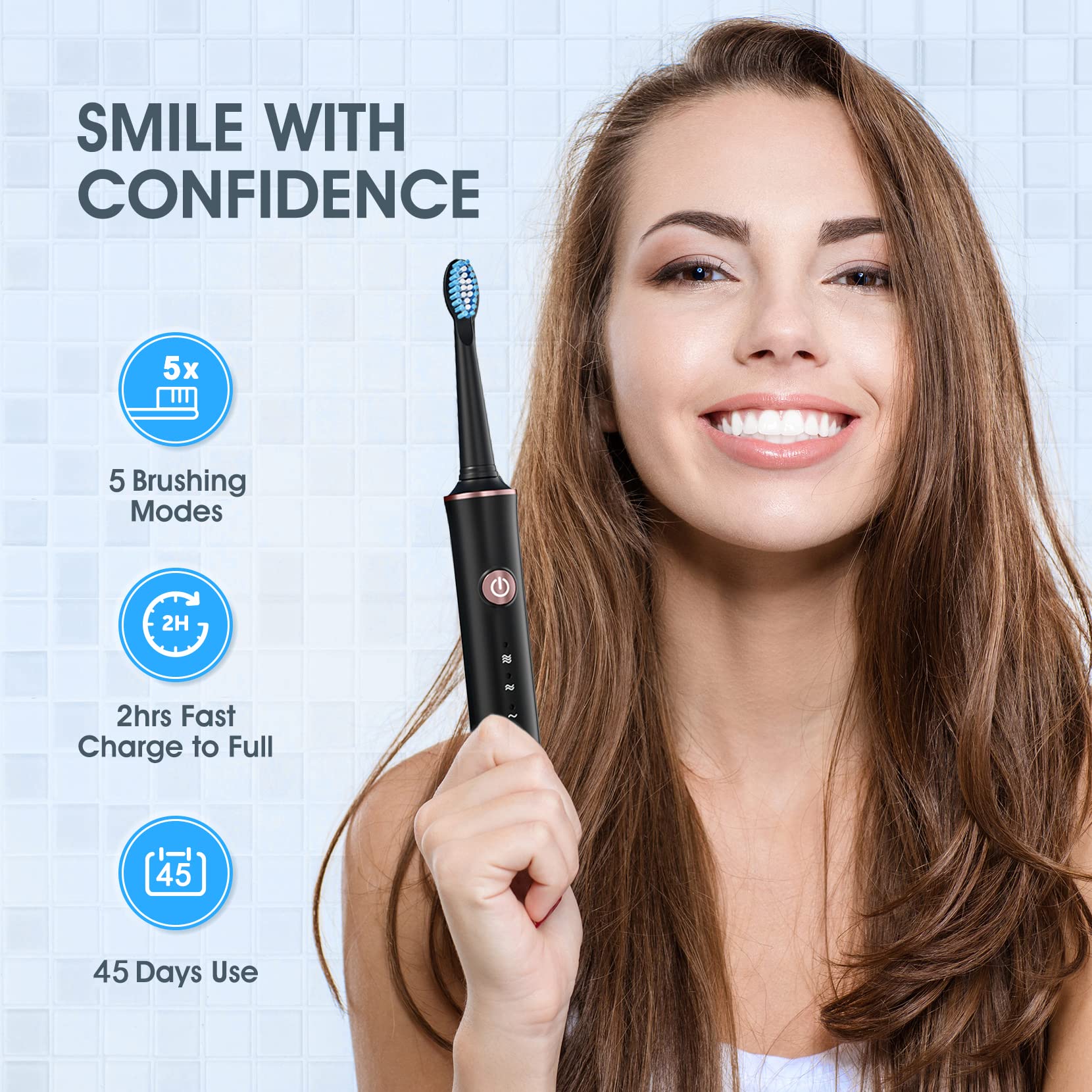 Electric Toothbrush, 8 Dupont Brush Heads, 5 Modes, IPX7 Waterproof, 38000 VPM Motor, 2hrs Fast Charge for 45 Day Use, Powered Toothbrush, Rechargeable Sonic Toothbrush, Whitening Soft Clean for Adult