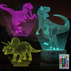 3d dinosaur led night light - come with 3 patterns acrylic plate,16 colors changing & remote control dino 3d illusion lamp for kids room decor