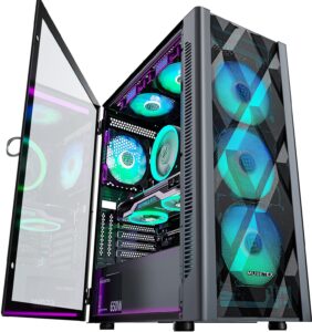 musetex atx pc case pre-install 6 pwm argb fans, polygonal mesh computer gaming case, opening tempered glass side panel mid-tower case, usb 3.0 x 2, black, nn8