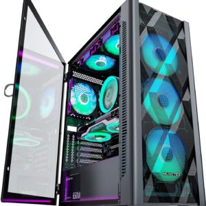 MUSETEX ATX PC Case Pre-Install 6 PWM ARGB Fans, Polygonal Mesh Computer Gaming Case, Opening Tempered Glass Side Panel Mid-Tower Case, USB 3.0 x 2, Black, NN8