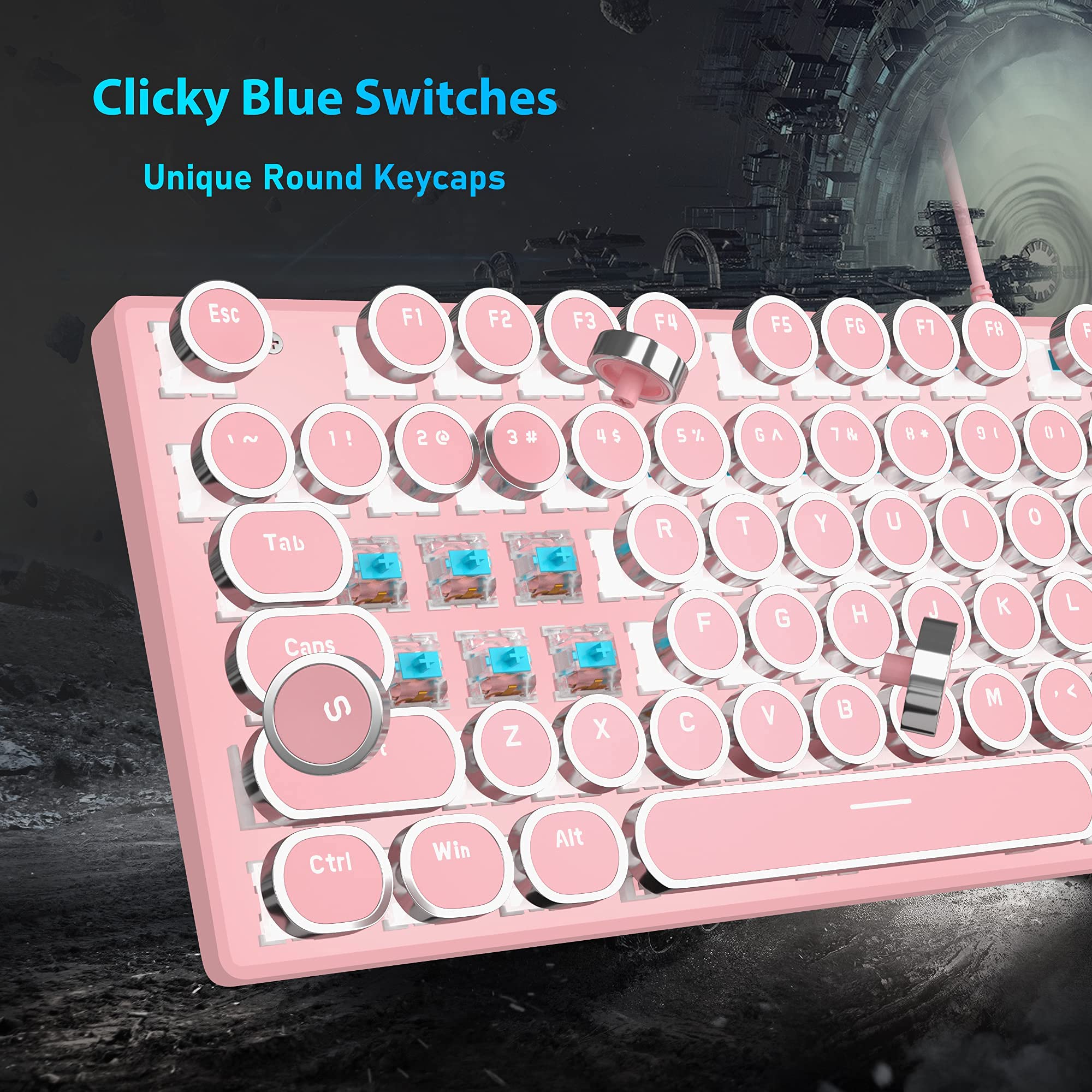 Typewriter Style Mechanical Gaming Keyboard, Pink Punk Gaming Keyboard with White Backlit, 104 Keys Blue Switch Wired Cute Keyboard, Round Keycaps for Windows/Mac/PC