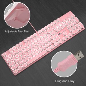 Typewriter Style Mechanical Gaming Keyboard, Pink Punk Gaming Keyboard with White Backlit, 104 Keys Blue Switch Wired Cute Keyboard, Round Keycaps for Windows/Mac/PC