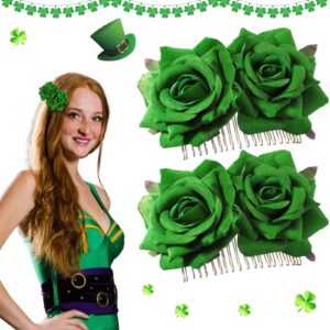 mtlee 2 pieces green rose flower hair clip st. patrick's hair accessories irish rose hairpin st. patrick's day hair clip comb for girls girlfriends women st patrick's day party decorations