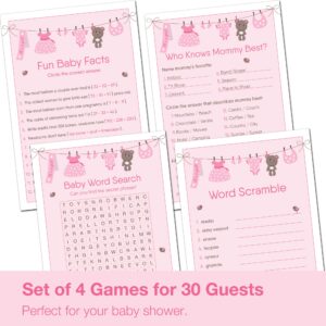 Papery Pop Baby Shower Games for Girl - Set of 4 Games for 30 Guests - Double Sided Cards - Baby Shower Supplies