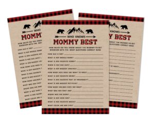 inkdotpot gender neutral 50-pack who knows mommy best rustic kraft baby shower game cards lumberjack fun activity cards