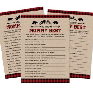 Inkdotpot Gender Neutral 50-Pack Who Knows Mommy Best Rustic Kraft Baby Shower Game Cards Lumberjack Fun Activity Cards