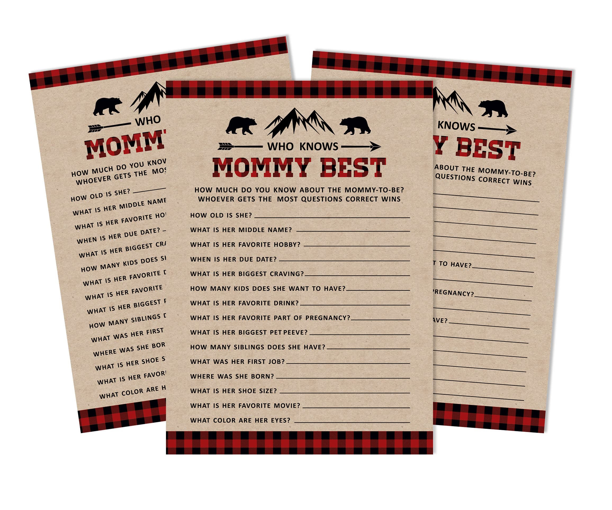 Inkdotpot Gender Neutral 50-Pack Who Knows Mommy Best Rustic Kraft Baby Shower Game Cards Lumberjack Fun Activity Cards