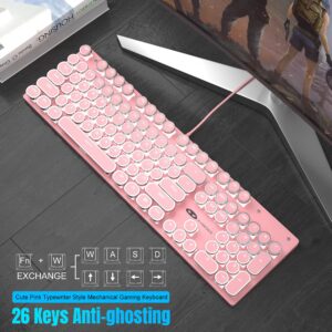 Typewriter Style Mechanical Gaming Keyboard, Pink Punk Gaming Keyboard with White Backlit, 104 Keys Blue Switch Wired Cute Keyboard, Round Keycaps for Windows/Mac/PC