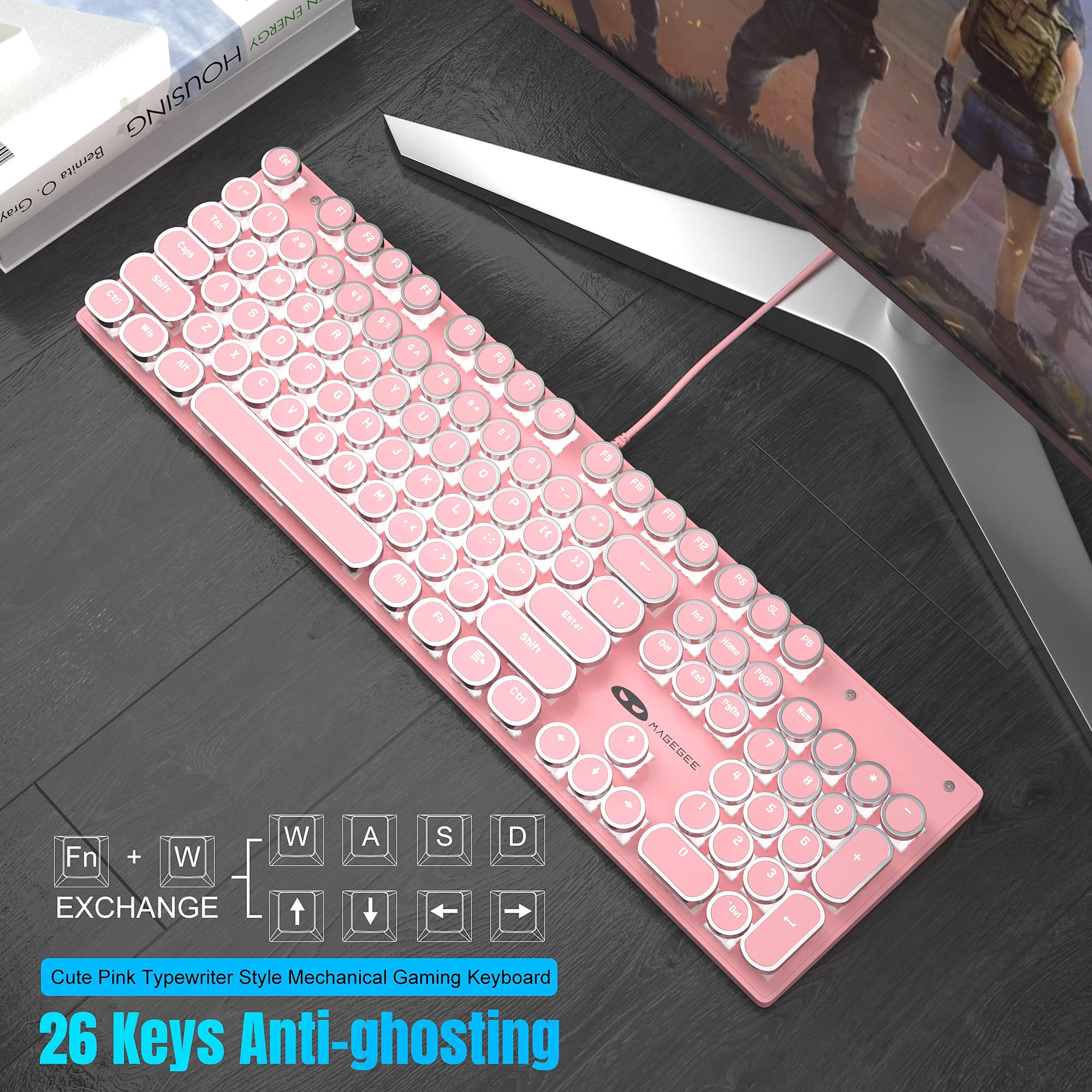 Typewriter Style Mechanical Gaming Keyboard, Pink Punk Gaming Keyboard with White Backlit, 104 Keys Blue Switch Wired Cute Keyboard, Round Keycaps for Windows/Mac/PC