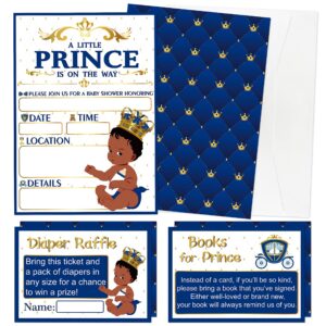 haooryx royal prince baby shower invitations with book request diaper and raffle cards for african american little prince baby boy birthday it’s a boy party supplies- 25 fill-in invites with envelopes