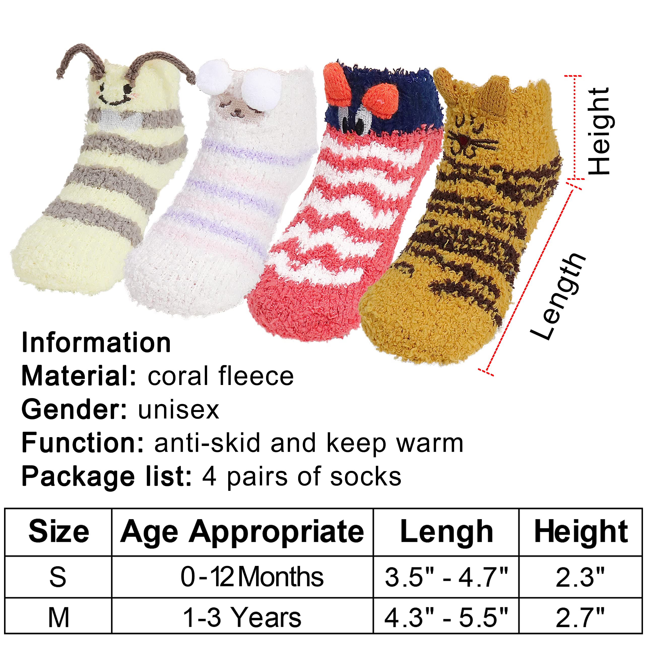 Lovful 4 Pairs Toddler Fuzzy Socks with Grips Baby Winter Socks,0-12Moths