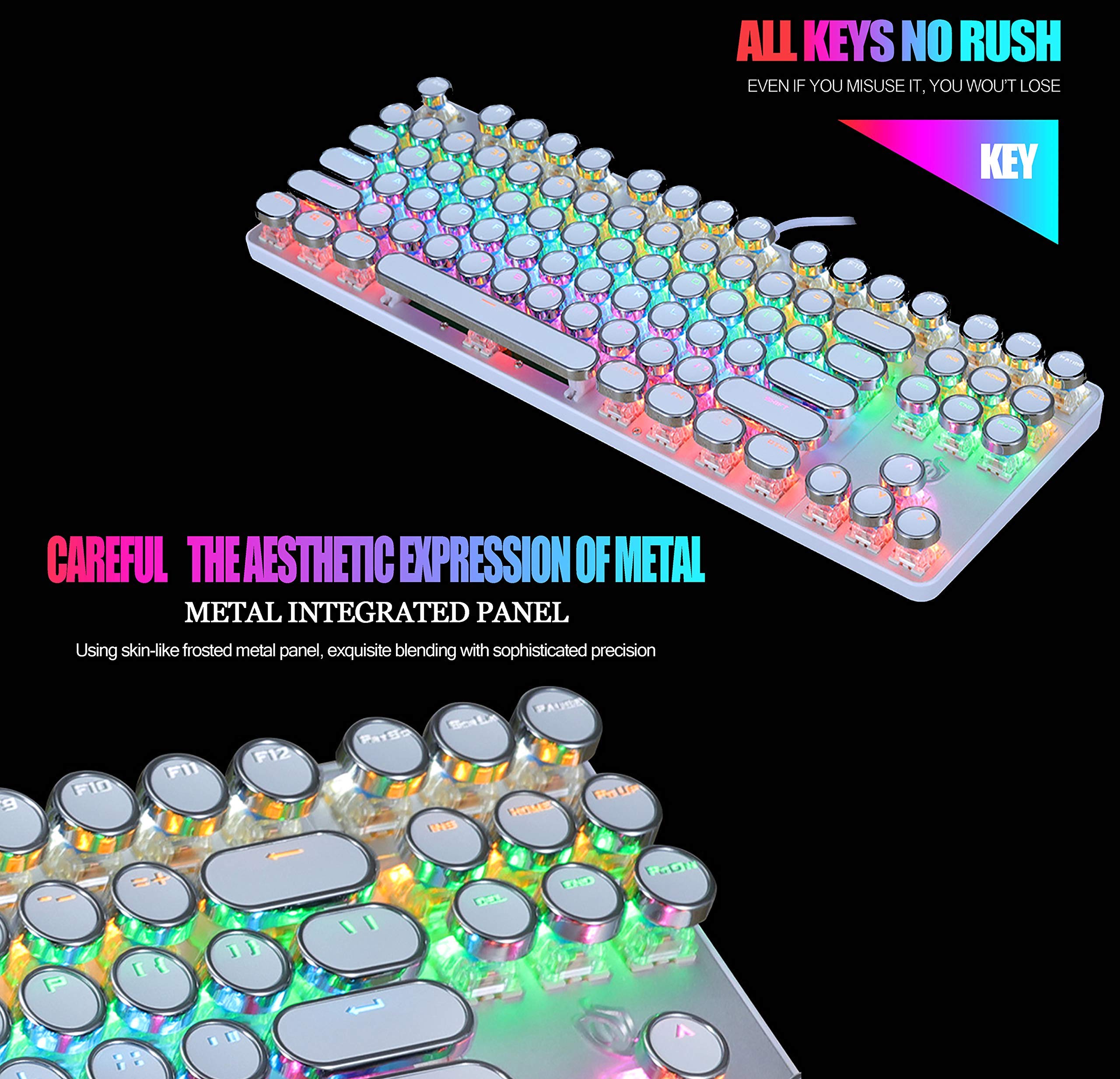 Type Writer Keyboard, Typewriter-Style Steampunk Mechanical Gaming Keyboards Blue Switch with 9 True RGB Backlight Modes and 87-Key Wired Keyboard with Spill-Resistant (Round Keycaps)