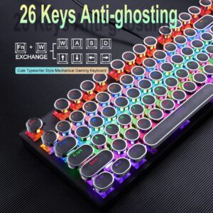 Typewriter Style Mechanical Gaming Keyboard, Pink Punk Gaming Keyboard with White Backlit, 104 Keys Blue Switch Wired Cute Keyboard, Round Keycaps for Windows/Mac/PC