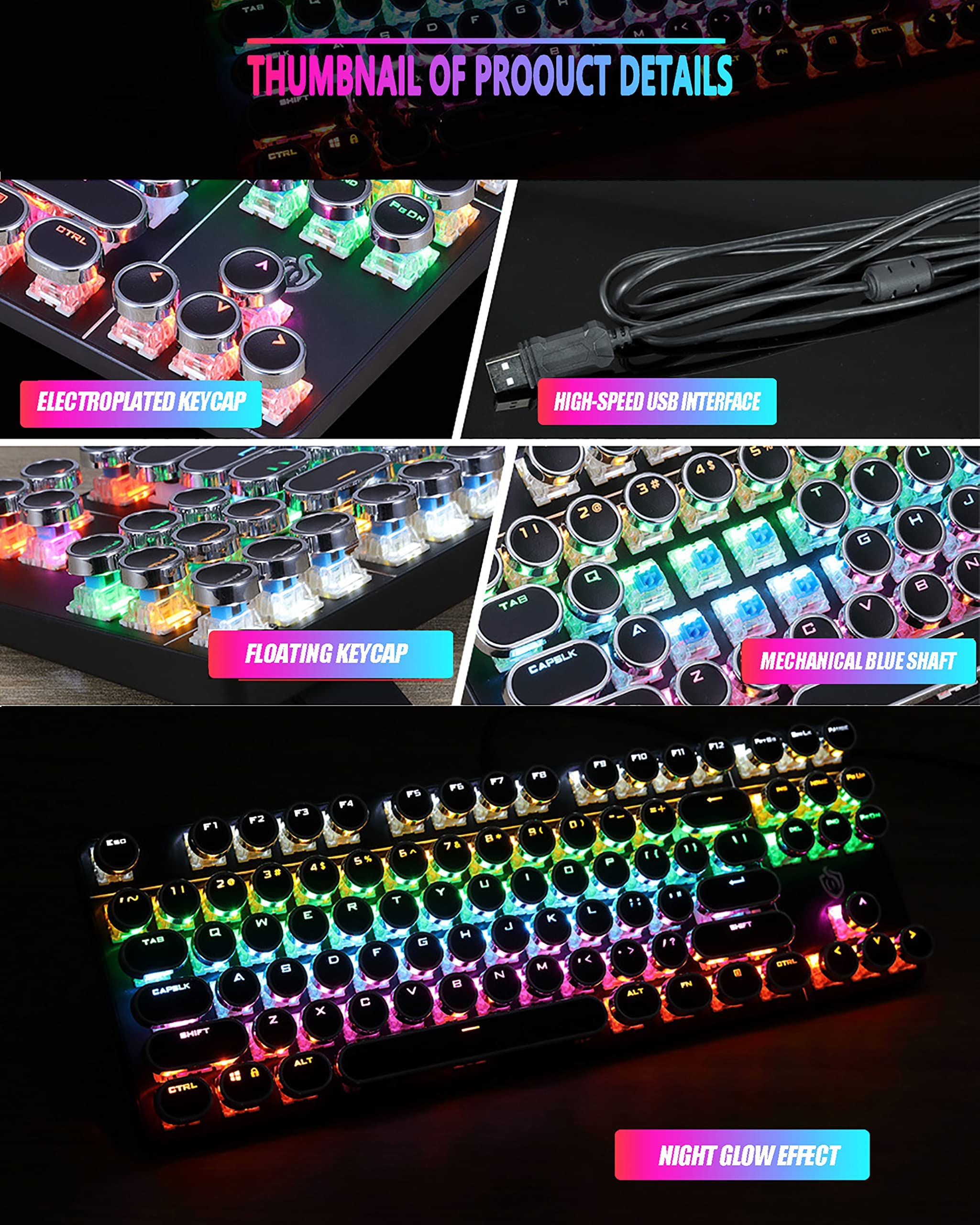 Type Writer Keyboard, Typewriter-Style Steampunk Mechanical Gaming Keyboards Blue Switch with 9 True RGB Backlight Modes and 87-Key Wired Keyboard with Spill-Resistant (Round Keycaps)