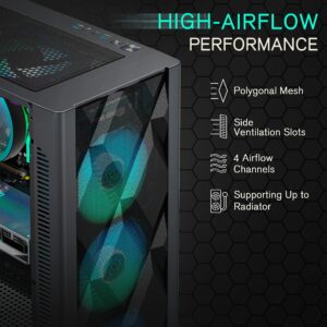 MUSETEX ATX PC Case Pre-Install 6 PWM ARGB Fans, Polygonal Mesh Computer Gaming Case, Opening Tempered Glass Side Panel Mid-Tower Case, USB 3.0 x 2, Black, NN8