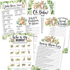 50 woodland baby prediction and advice cards, trivia games, etc, 25 baby animal matching, nursery rhyme game - 6 double sided cards baby shower games funny, baby shower ideas baby sprinkle games