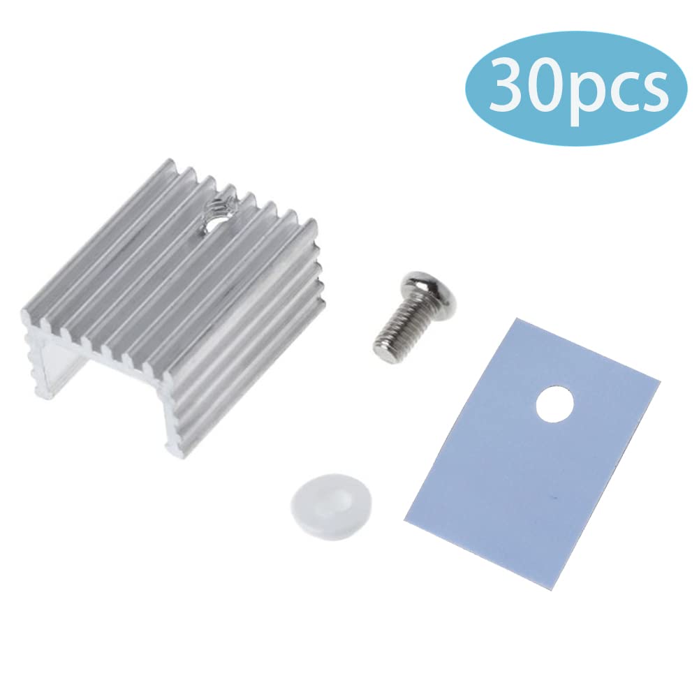 Jienk 30Pcs TO-220 Aluminum Heatsink & Insulator/Mounting Kits for MOSFET Transistor, 3 Different Size TO-220 Heatsink 10 Each+ 30 Screws + 30 Screw Washer +30 Insulator Rubberized Silicone