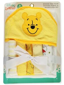 cudlie accessories disney baby winnie the pooh hooded towel with 5 piece washcloth set, honey collector print, gs71798, yellow