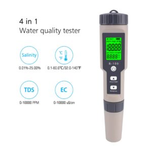 YINMIK Salt Water Tester, Digital Salinity Tester for Salt Water, 4 in 1 Salt/EC/TDS/Temp Meter, Large Range Multi-Parameter Tester for Seawater, Hydroponics, Pool, Aquarium, Fish Pond, Spa