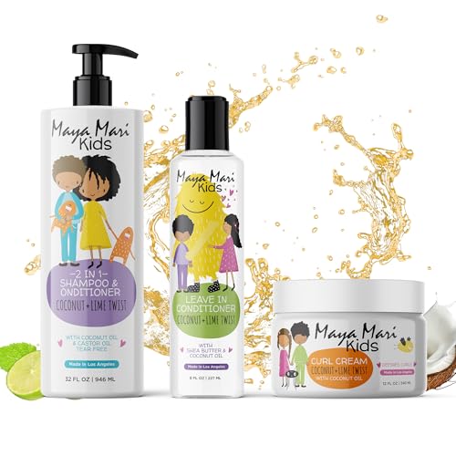 Maya Mari Kids Curly Hair Gift Set | 2-in-1 Shampoo & Conditioner, Curl Cream, Detangler | Tear-Free, Sulfate-Free