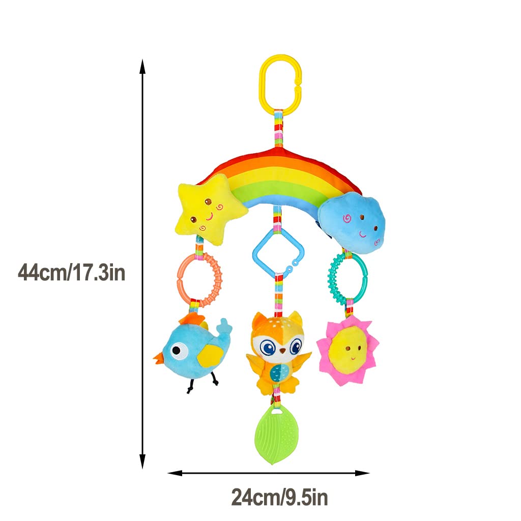 AIPINQI Baby Car Seat Stroller Toys, Hanging Plush Crib Toys Colorful Bell Soft Baby Sensory Rattles with Teether for Babies Boys and Girls 3 6 9 to 12 Months (Rainbow)