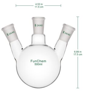 FunChem Three Necks Round Bottom Flask RBF, Glass 3-Neck Boiling Flask with 24/40 Standard Taper Outer Joint (500 mL)