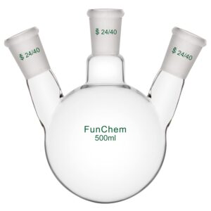 funchem three necks round bottom flask rbf, glass 3-neck boiling flask with 24/40 standard taper outer joint (500 ml)