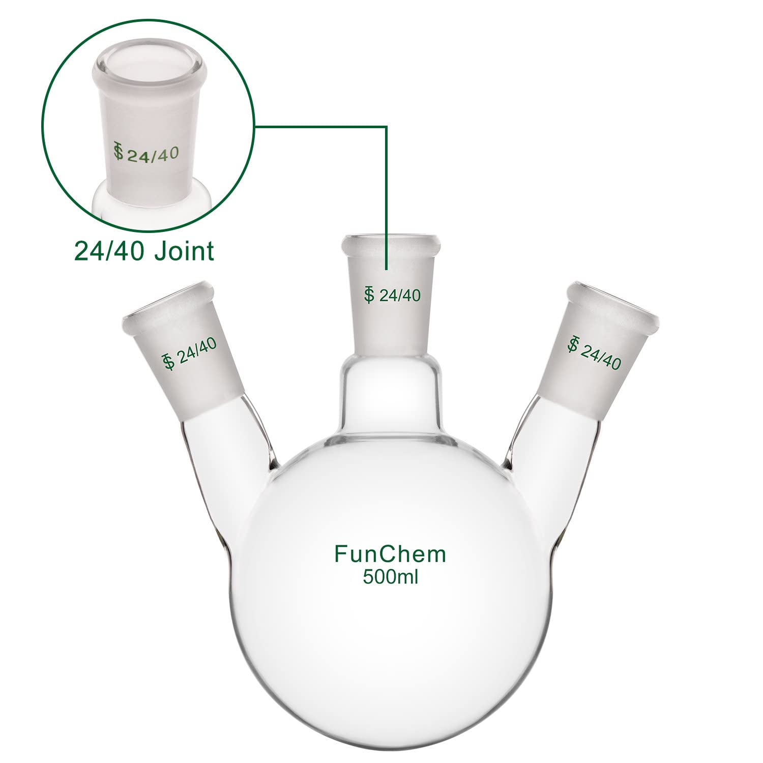 FunChem Three Necks Round Bottom Flask RBF, Glass 3-Neck Boiling Flask with 24/40 Standard Taper Outer Joint (500 mL)