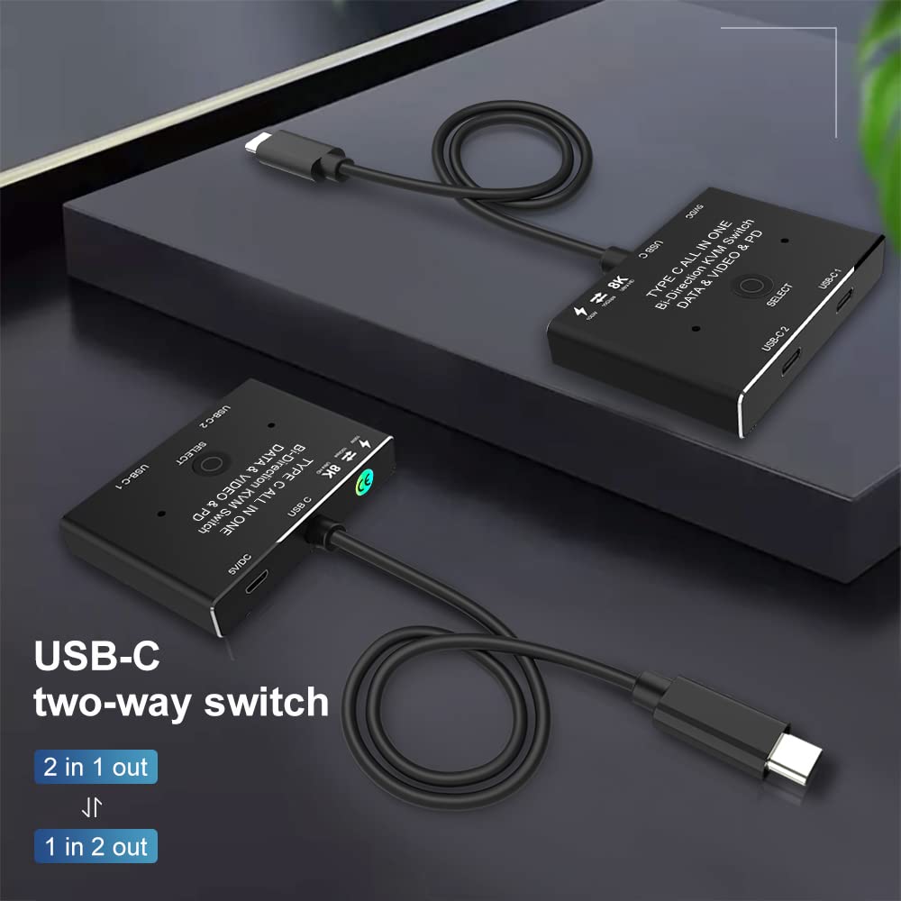 ConnBull USB-C Switch 2 in 1 Output Upgrade Version Supports 4K@120Hz 8K@30Hz Video / 10Gbps Data Transfer Compatible with Thunderbolt Device, Black