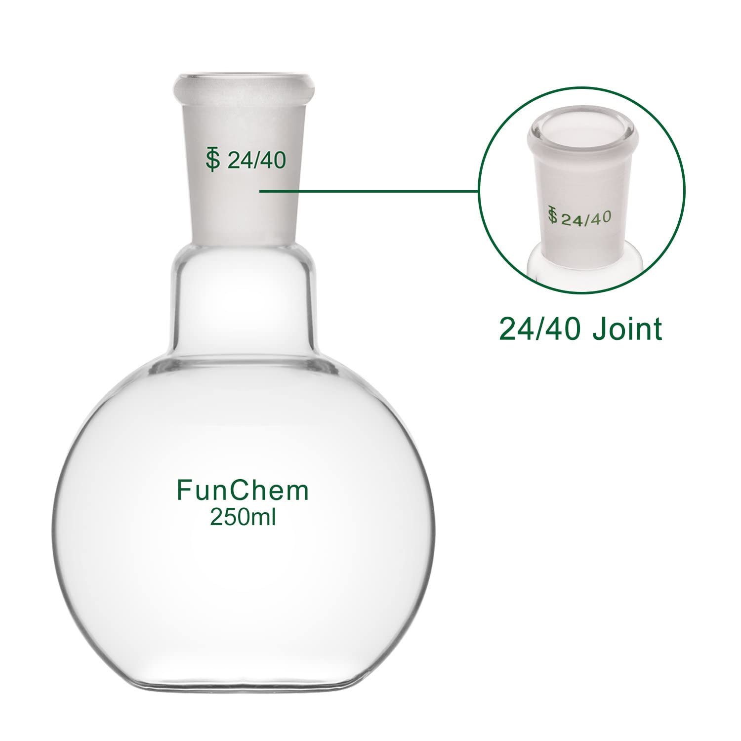 FunChem Single Neck 1 Neck Glass Lab Flat Bottom Boiling Flask FBF, 24/40 Standard Taper Outer Joint Glass Boiling Flask