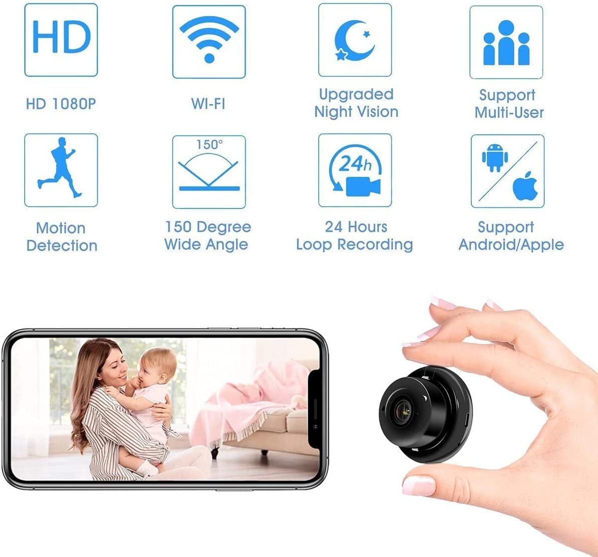 X W EI UNION Camera Hidden Home Security Spy Camera WiFi with Audio and Video Mini Spy Cam WiFi Nanny Cam Baby Monitor, Night Vision Live Feed 2.4G WiFi Remote View Video Playback