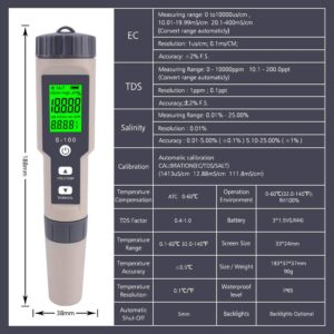 YINMIK Salt Water Tester, Digital Salinity Tester for Salt Water, 4 in 1 Salt/EC/TDS/Temp Meter, Large Range Multi-Parameter Tester for Seawater, Hydroponics, Pool, Aquarium, Fish Pond, Spa