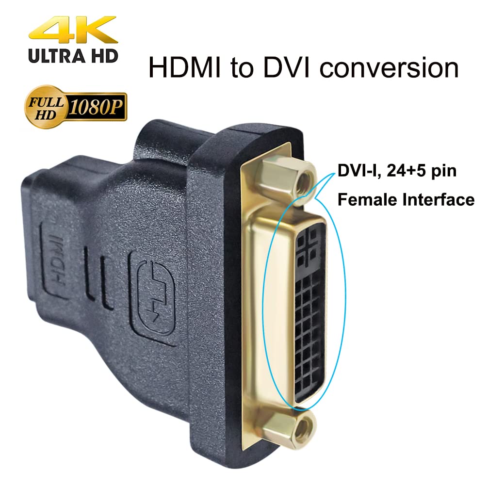 DTECH DVI Female to HDMI Female Adapter HDMI to DVI-I Converter Bi-Directional 24+5 Port 4K 1080p Video for Computer Monitor PC TV Box Home Cinema Display