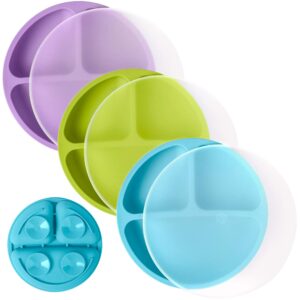 Green, Purple, & Blue Silicone Suction Plates + Lids Bundle With Stage 1 Silicone Spoons