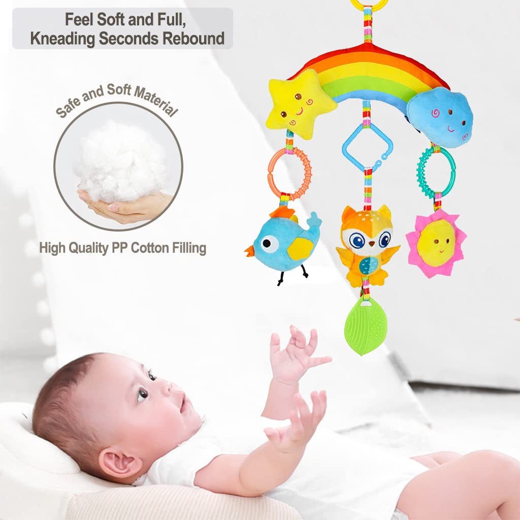 AIPINQI Baby Car Seat Stroller Toys, Hanging Plush Crib Toys Colorful Bell Soft Baby Sensory Rattles with Teether for Babies Boys and Girls 3 6 9 to 12 Months (Rainbow)