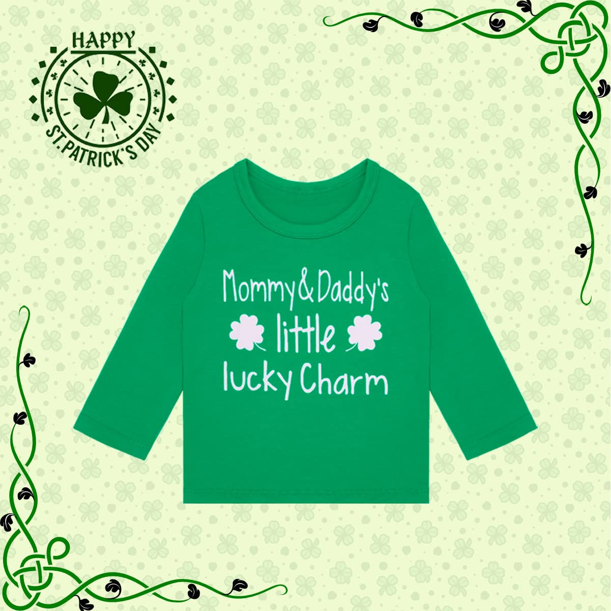 BabyMars Toddler Boys Girls St Patrick's Day Outfit Mommy's Lucky Charm Clover Long Sleeve Baby Pant Set （Green,12-18M), 12-18 Months