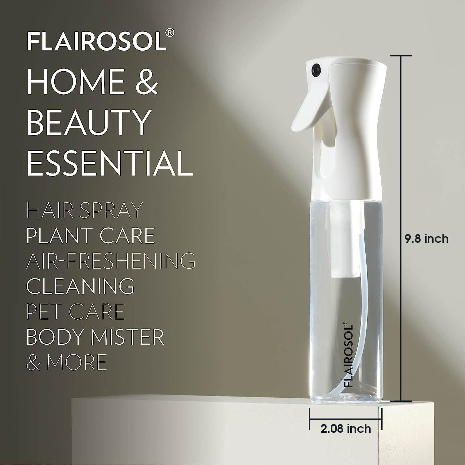 FLAIROSOL - The Original, Spray Bottle for Hair, Plants & More, Continuous Mister, Ultra Fine Water Mist, 10.1oz/300ml, Clear Bottle - Black Print