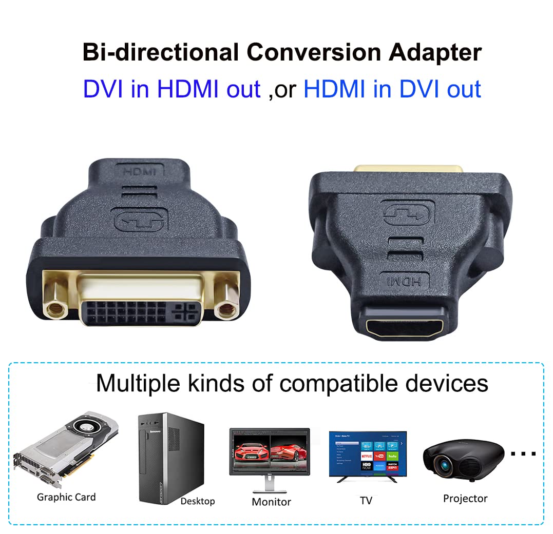 DTECH DVI Female to HDMI Female Adapter HDMI to DVI-I Converter Bi-Directional 24+5 Port 4K 1080p Video for Computer Monitor PC TV Box Home Cinema Display